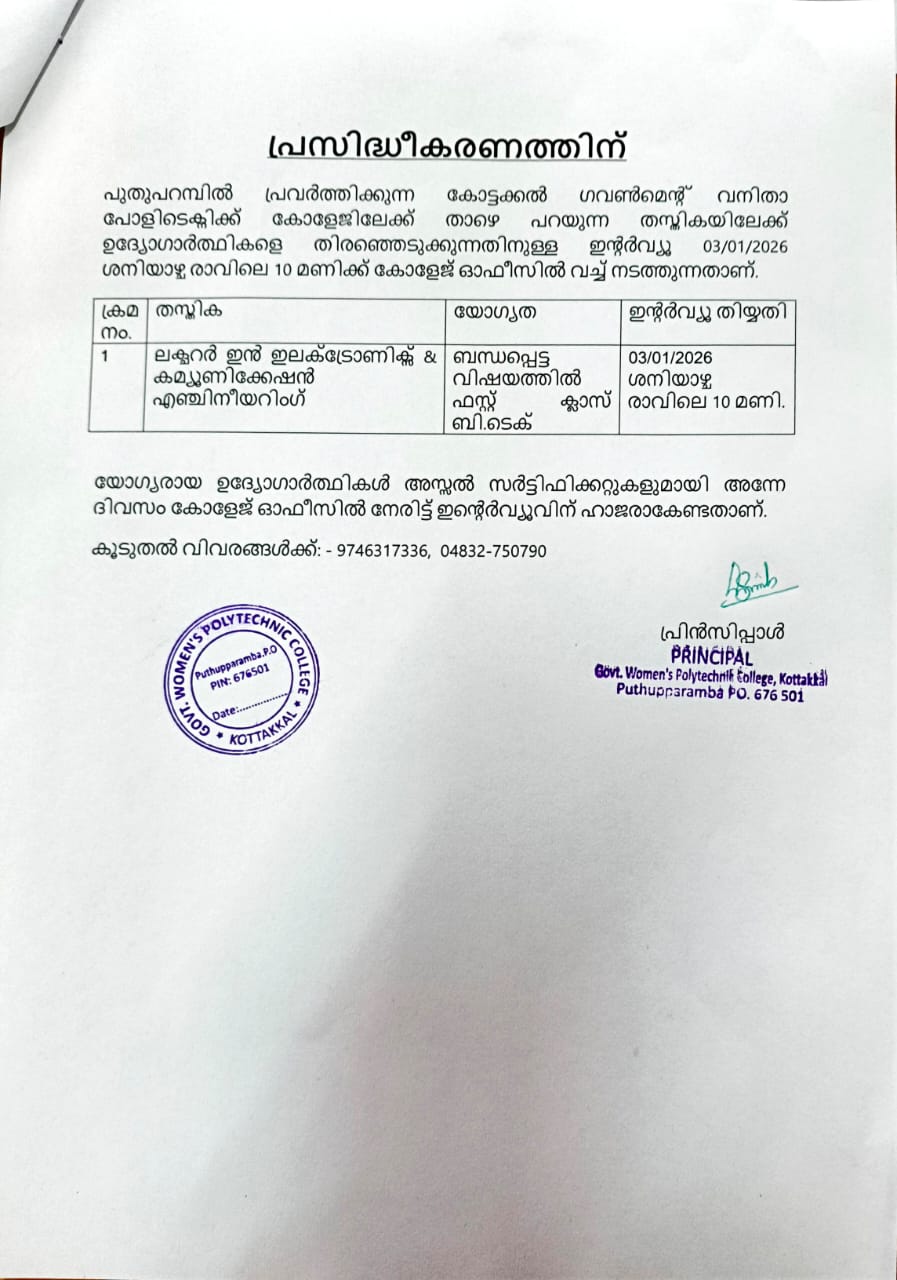 Guest Lecturer Interview (On 03/01/2026) Notification – Govt. Women's ...